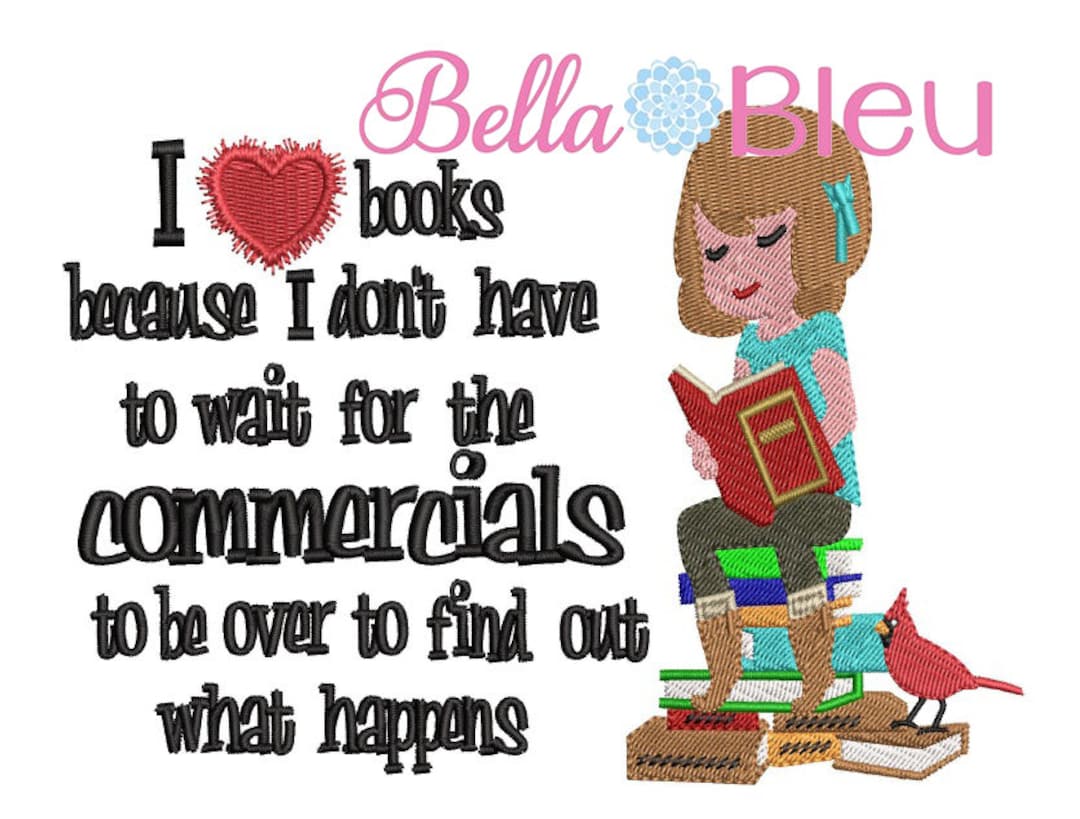 Reading Pillow Quote, Reading Pillow Embroidery Design, I Love Books ...