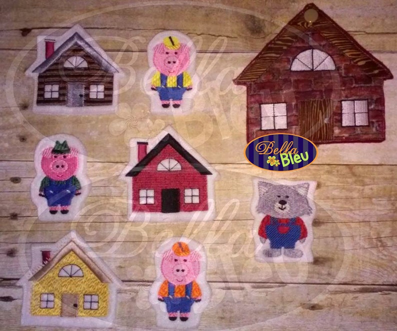ITH in the Hoop Three 3 Little Pigs Wolf Houses Finger Puppets Applique ...
