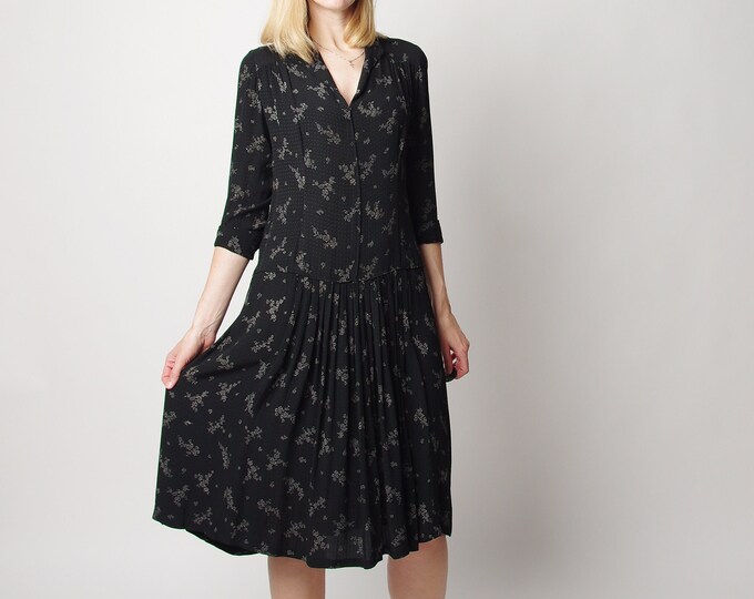 1920s Black Floral Printed Flapper Dress, Jazz Age Drop Waist Day Dress ...