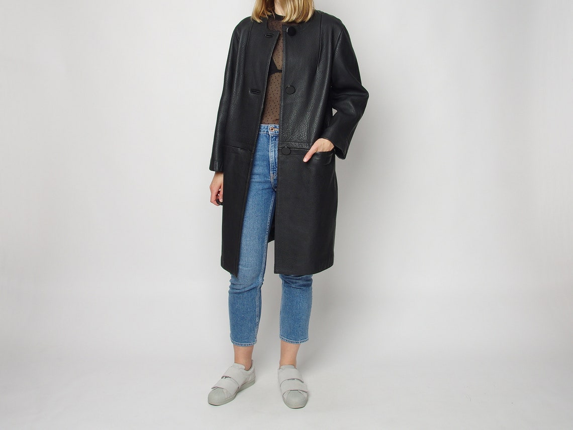1960s Mod Boxy Grain Leather Coat Collarless Big Buttons - Etsy