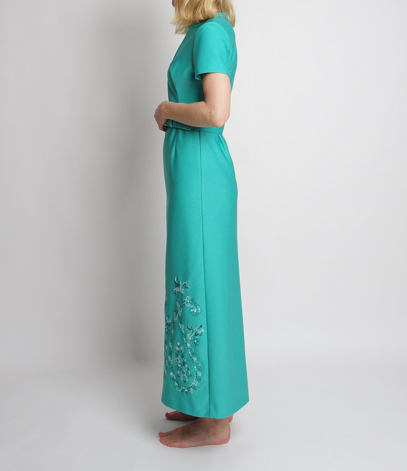 1970s Lerose Maxi Column Dress Hippie Teal Embroidered Dress - Etsy