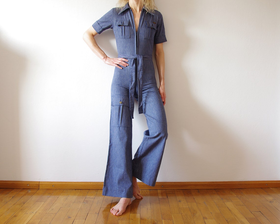 1970s Hickory Stripe Flared Denim Jumpsuit Rodeo Bell Bottom - Etsy