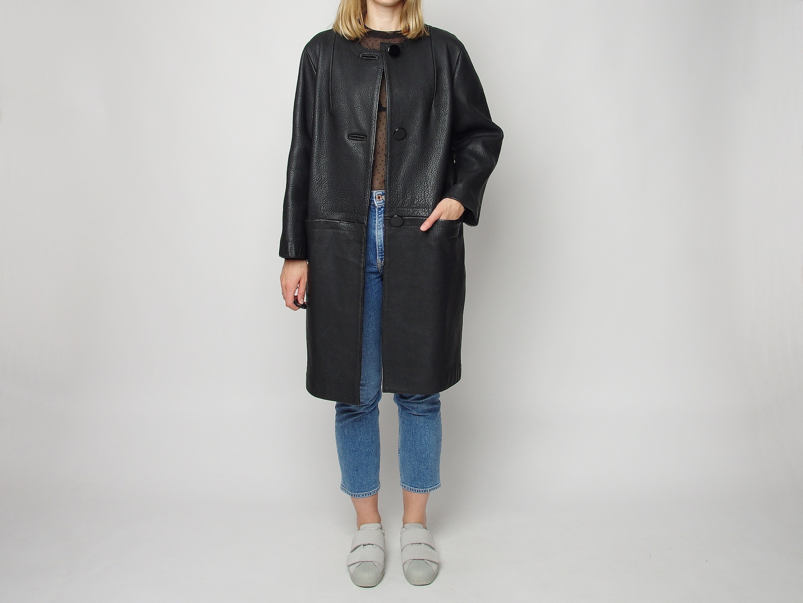 1960s Mod Boxy Grain Leather Coat Collarless Big Buttons - Etsy