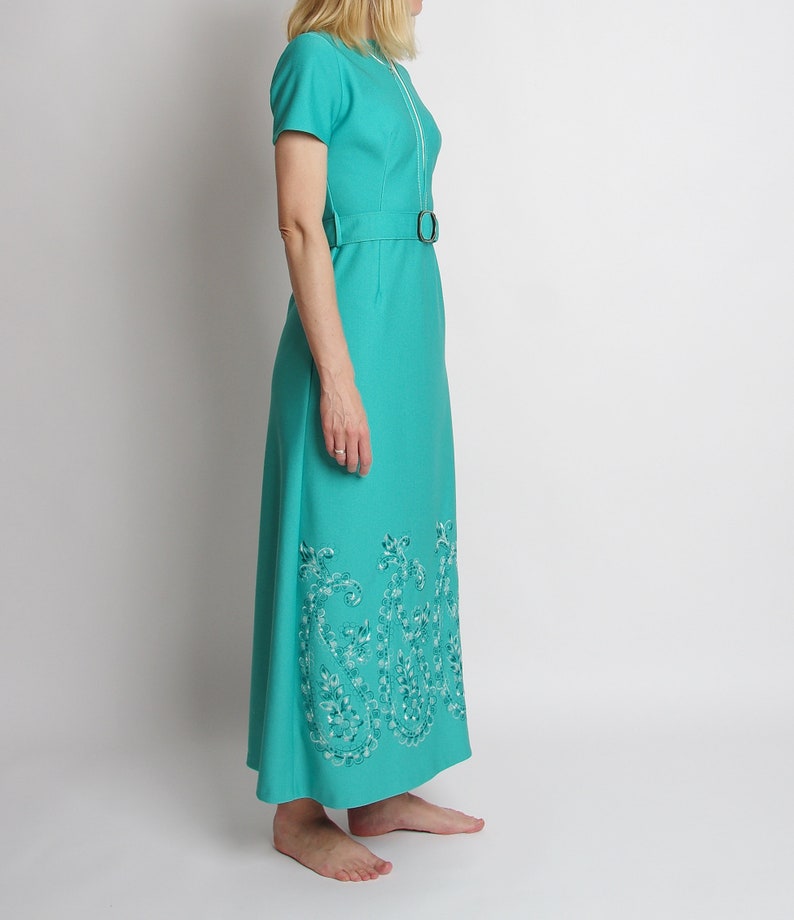 1970s Lerose Maxi Column Dress Hippie Teal Embroidered Dress - Etsy