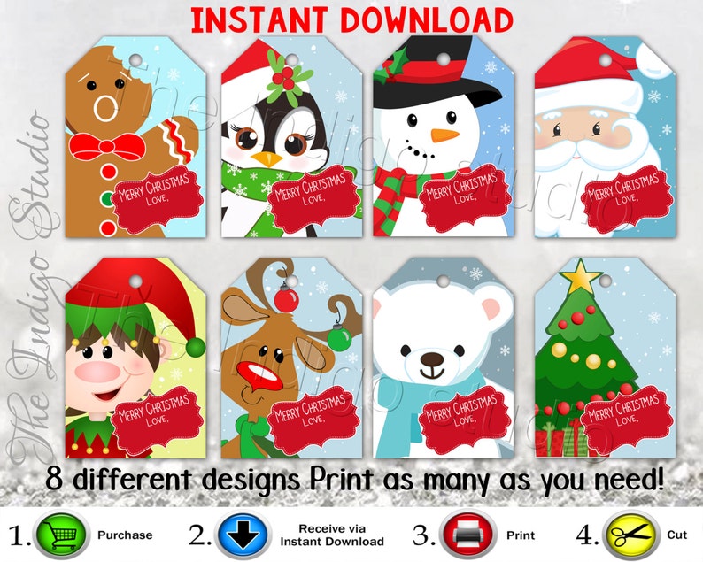 Christmas Printable Gift Tags Santa Snowman Reindeer - Etsy
