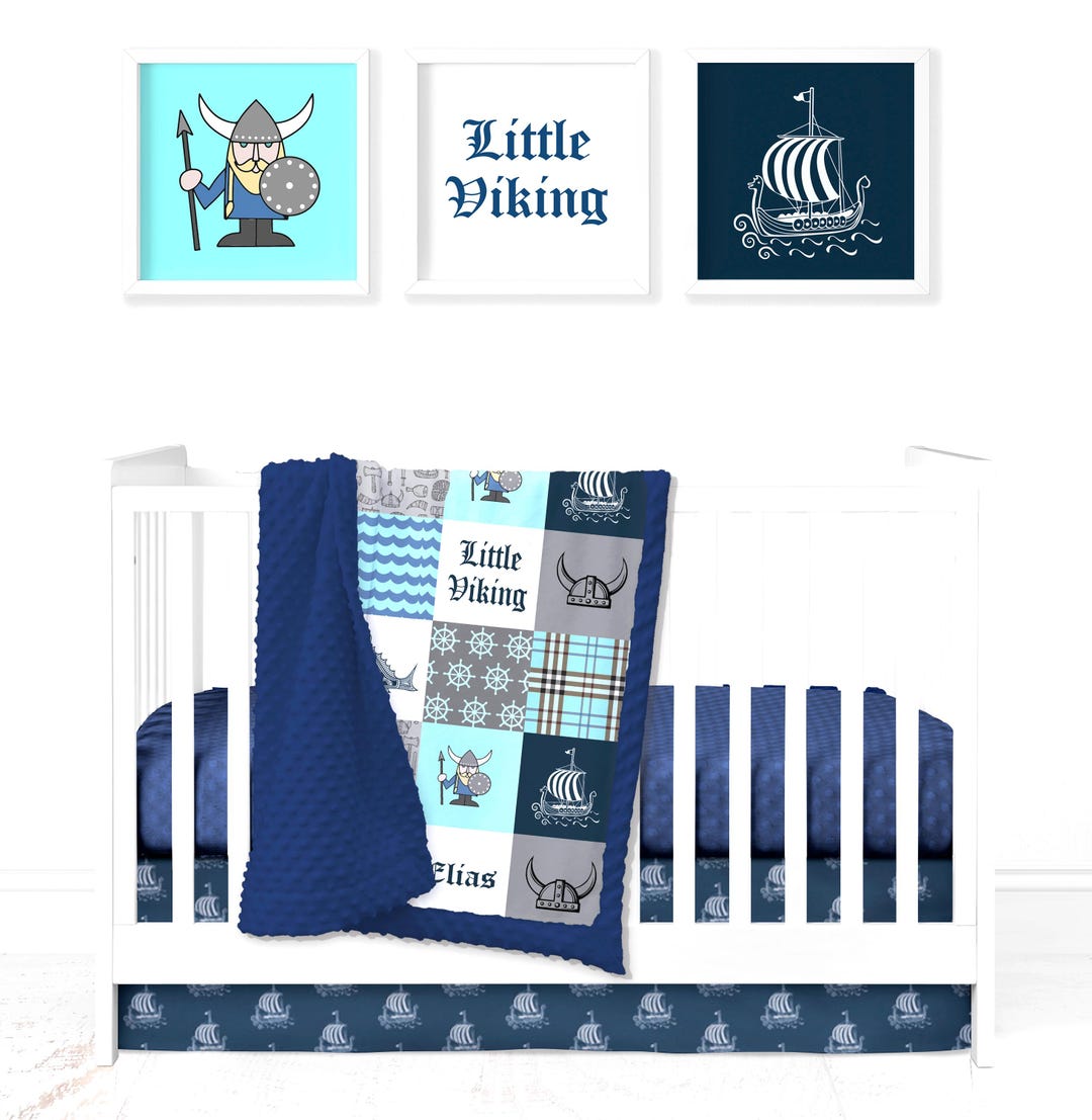 Personalized Viking Crib Set: Minky Norse Patchwork, Navy & Teal - Etsy