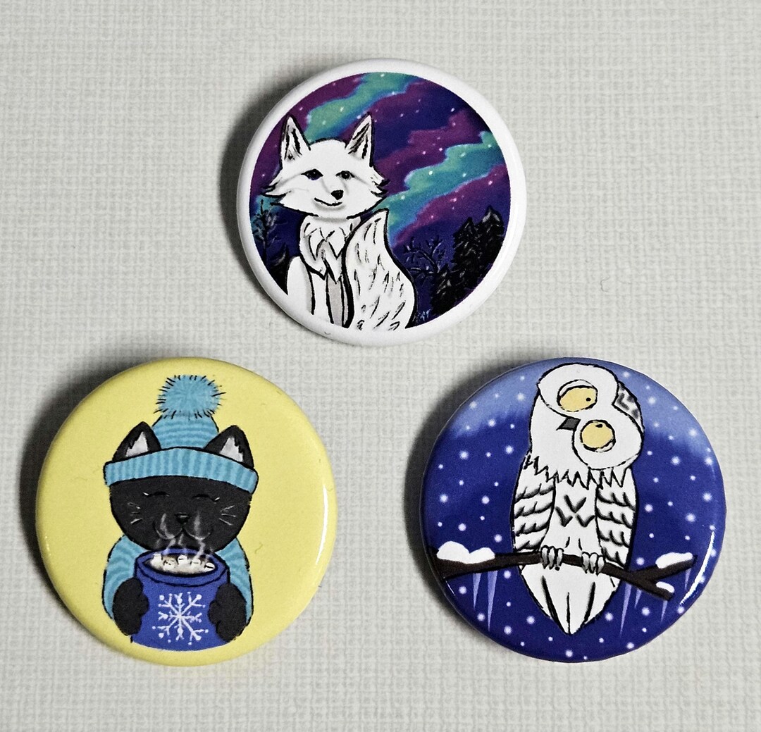 Cute Chilly Themed Animal Buttons | Arctic Fox, Cocoa Cat, Snowy Owl - Etsy