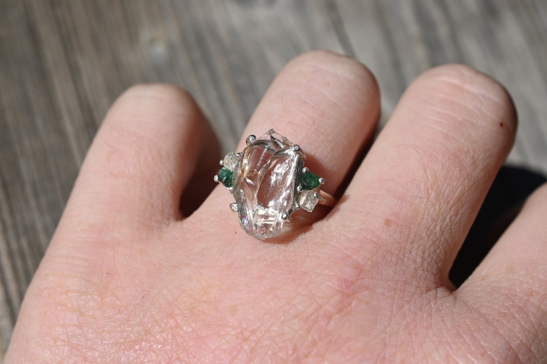 Real Emerald Rings Genuine Uncut Emerald Jewelry Raw Diamond - Etsy