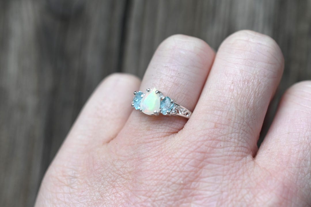 Aquamarine and Opal Engagement Ring Sterling Silver Size 3 4 5 6 7 8 9 ...
