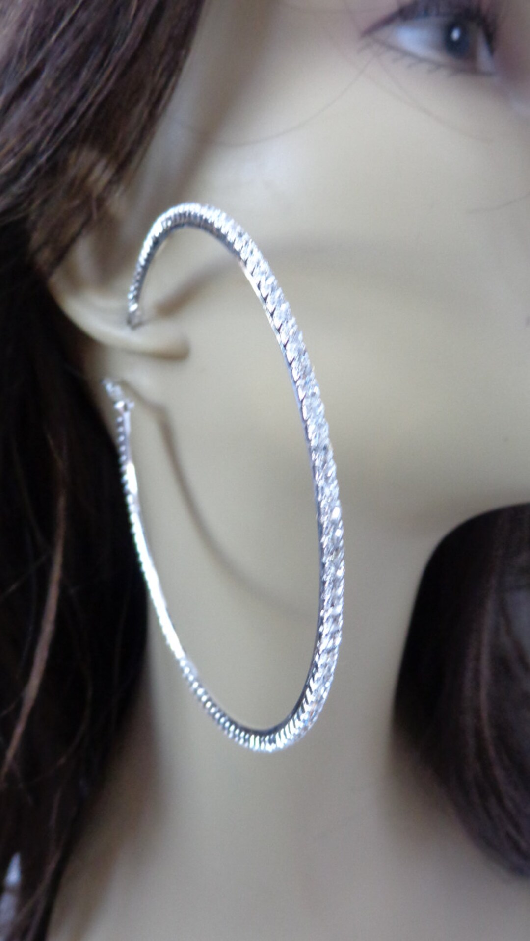 Large 3 Inch Hoop Earrings Classic Thin Rhinestone Crystal - Etsy