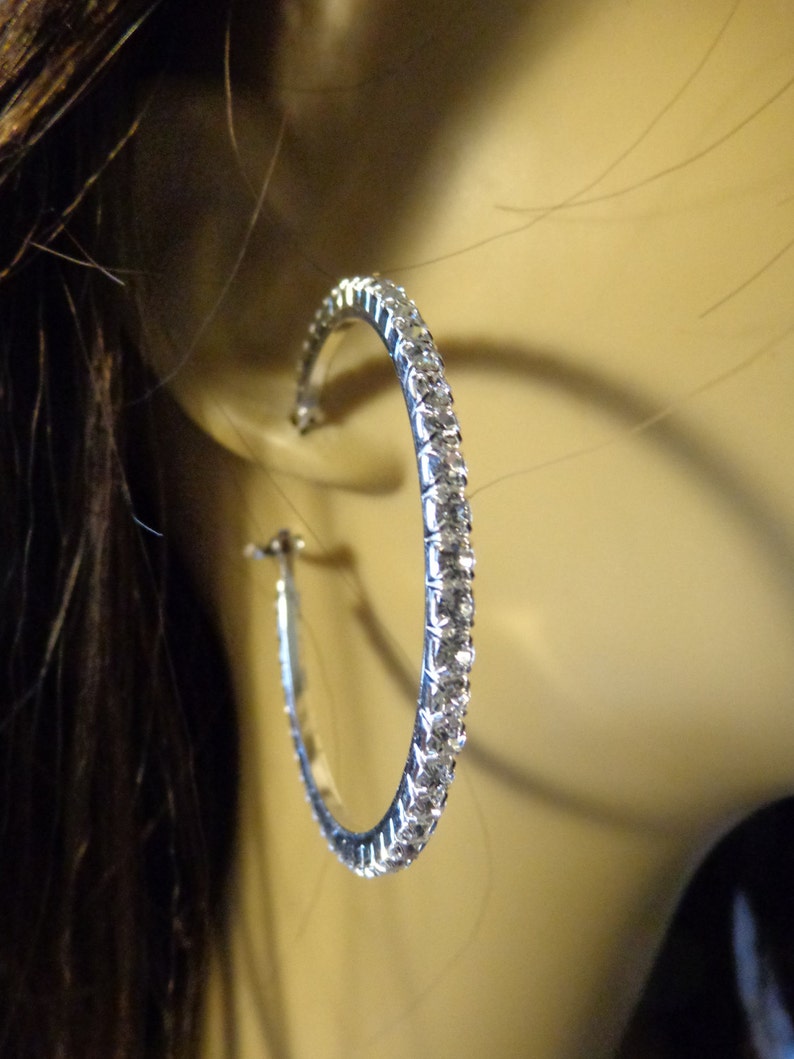 Silver Tone Rhinestone Hoop Earrings 2 Inch Hoops Crystal Hoop - Etsy