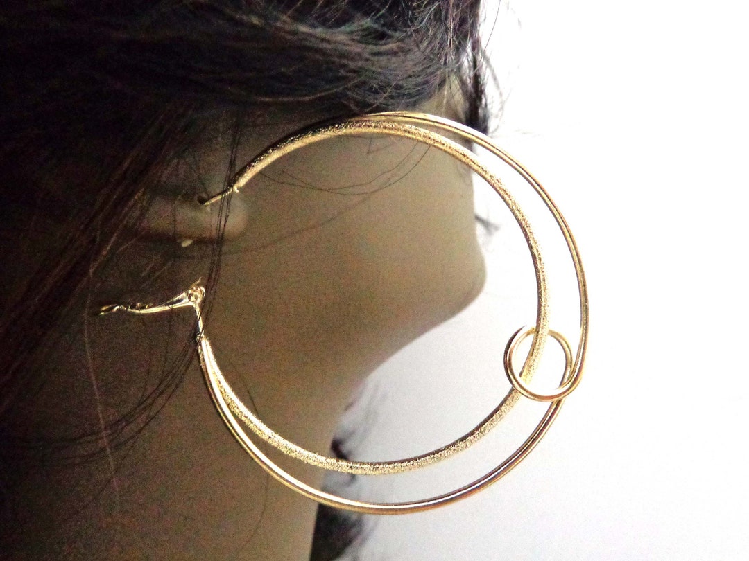 Gold Hoop Earrings Double Gold Tone Loop Earrings Texture 2.5 - Etsy