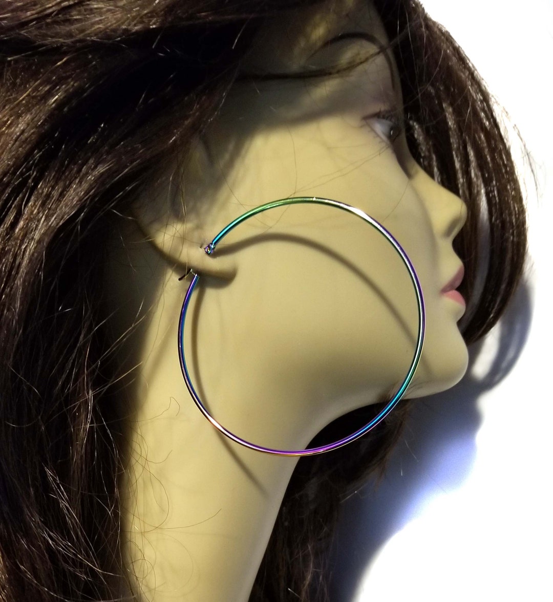 Large 3 Inch Hoop Earrings Classic Rainbow Steel Chrome Hoop - Etsy