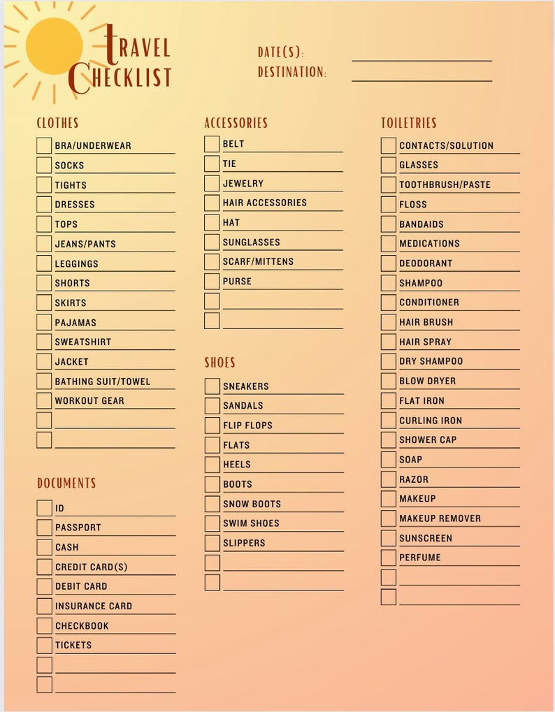 Travel Checklist - Etsy