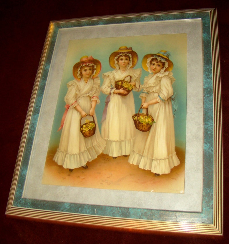 Large German Authentic Antique “young Maidens” Victorian Art Lithograph ...
