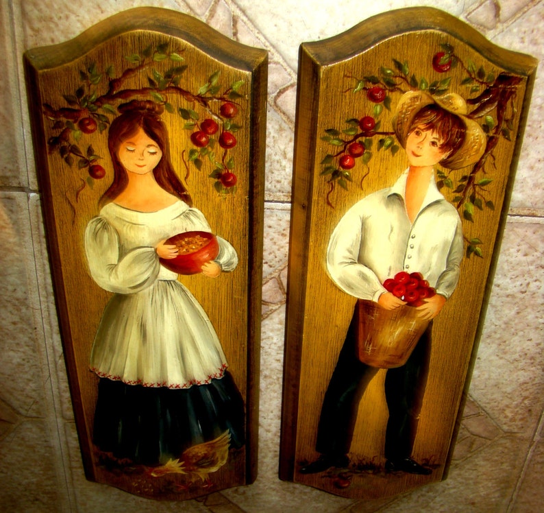Primitive Folk Art on Wood - American Vintage Colonial Boy and Girl ...