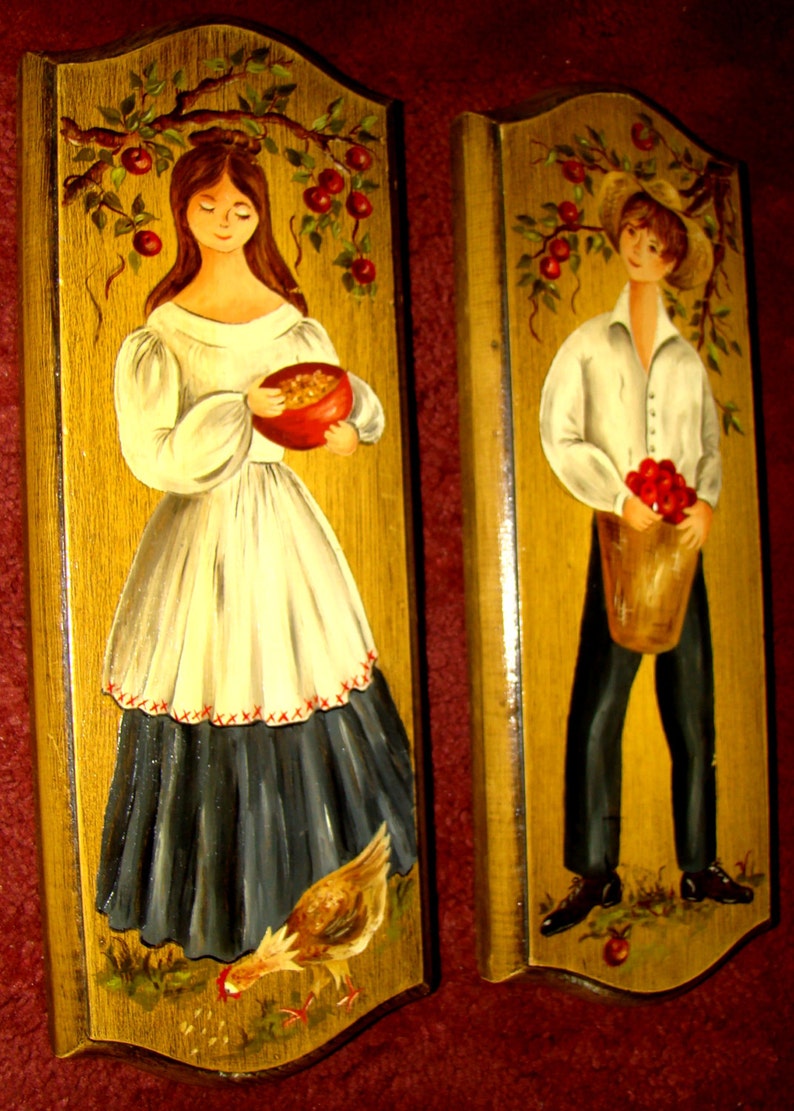 Primitive Folk Art on Wood - American Vintage Colonial Boy and Girl ...
