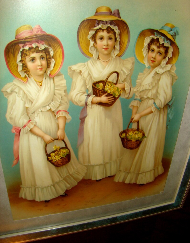 Large German Authentic Antique “young Maidens” Victorian Art Lithograph ...