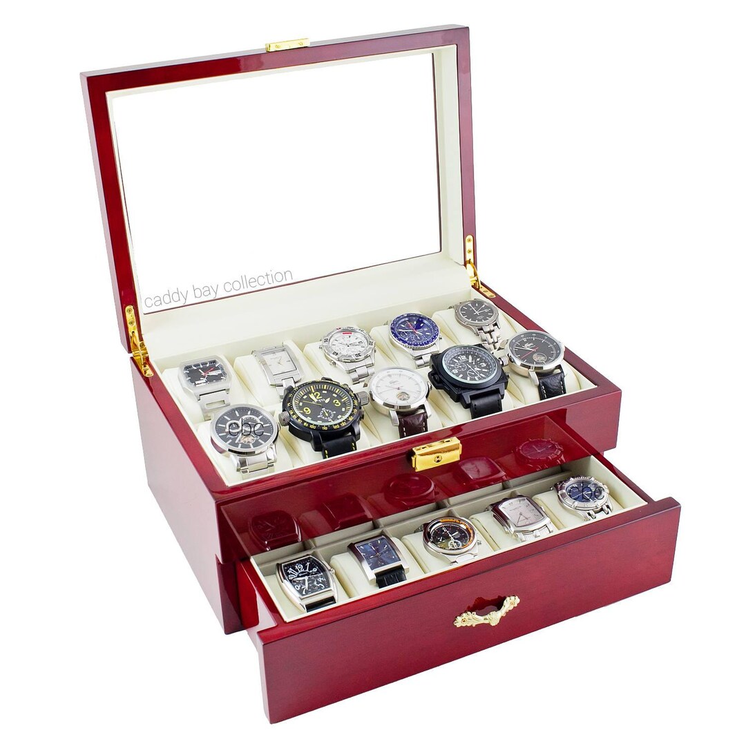 Personalized Glossy Red Wood Watch Box Holds 20 Watches, Imperfect Item ...