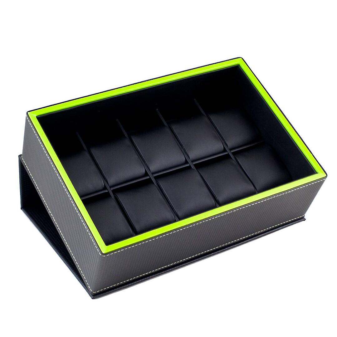 Black Carbon Fiber Watch Box With Krypton Green Trim - Holds 10 Watches ...