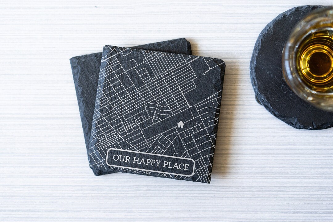 Personalized Slate Coasters Set, Custom Home Address Street City Map ...