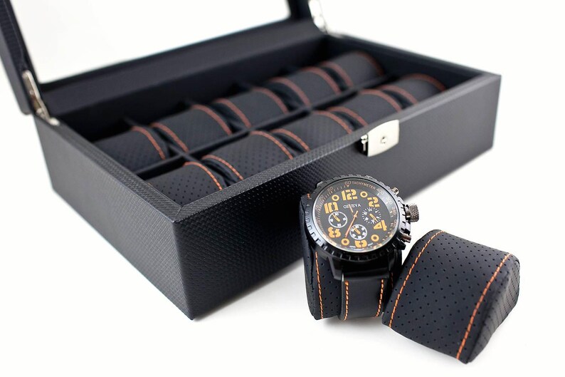 Personalized Carbon Fiber Design Watch Box with Orange Stitch | Etsy