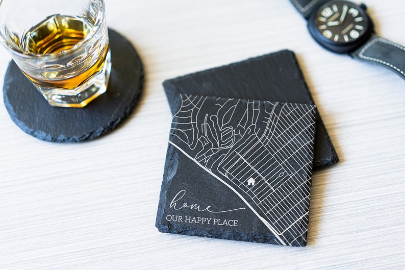Personalized Slate Coasters Set, Custom Home Address Street City Map ...
