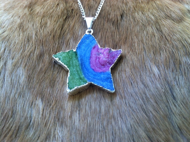 Rainbow Geode Druze Star Necklace/pendent Silver - Etsy