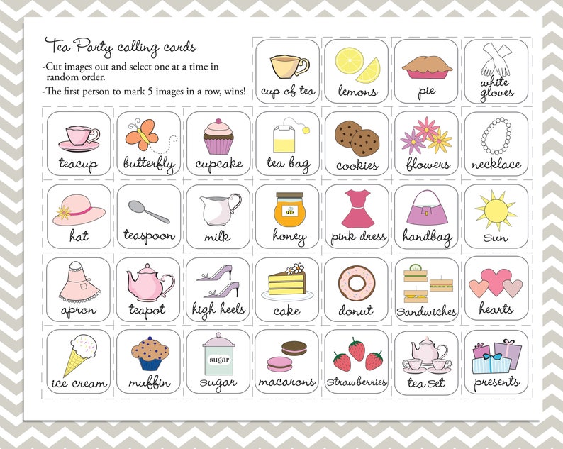 tea-party-bingo-cards-in-mint-green-20-unique-game-cards-etsy