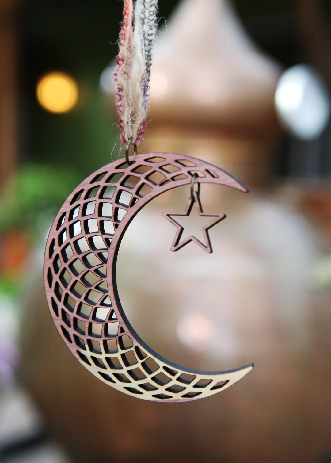 Crescent Moon and Star Bohemian Celestial Cedar Wood Ornament. Great ...