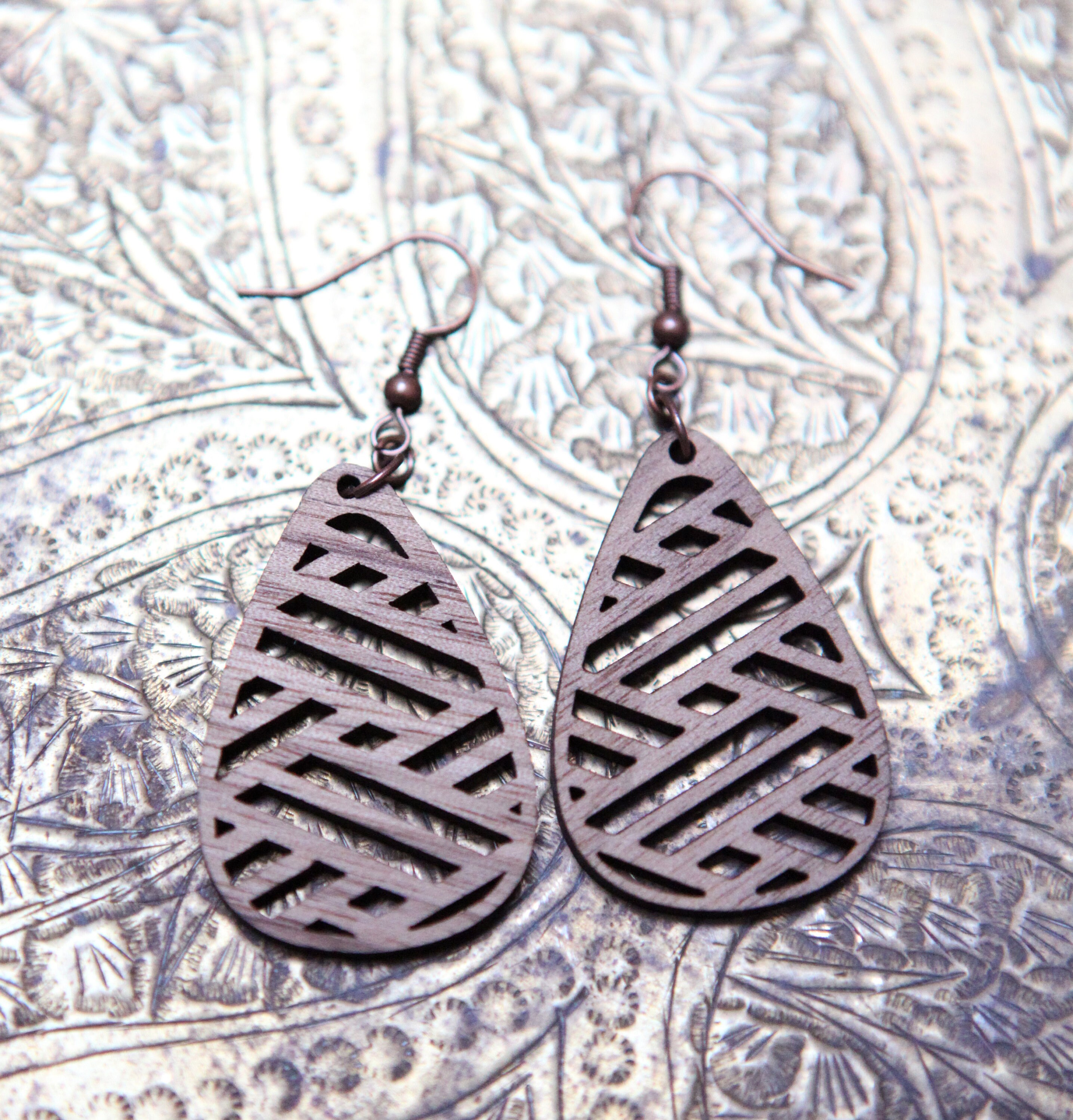 Boho Tear Drop Geometic Wood Earrings - Walnut Bohemian Water Drop Zig ...
