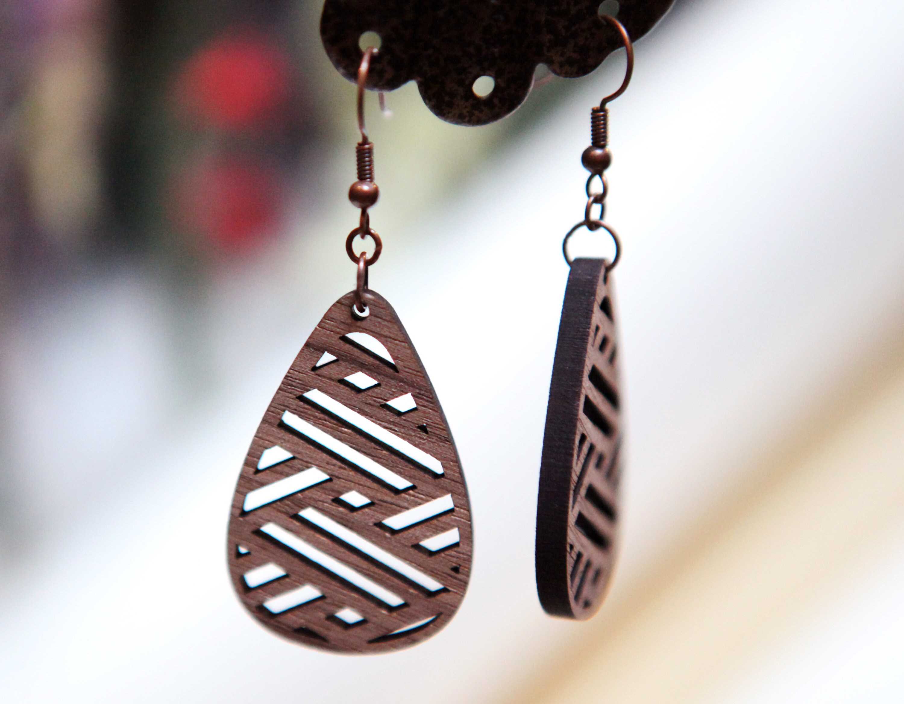 Boho Tear Drop Geometic Wood Earrings - Walnut Bohemian Water Drop Zig ...