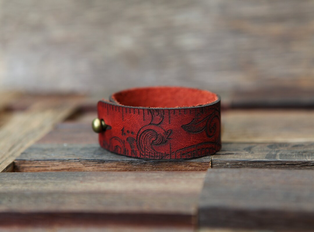 Scrolls Leather Ruler Cuff Made From Reclaimed Distressed Leather With ...