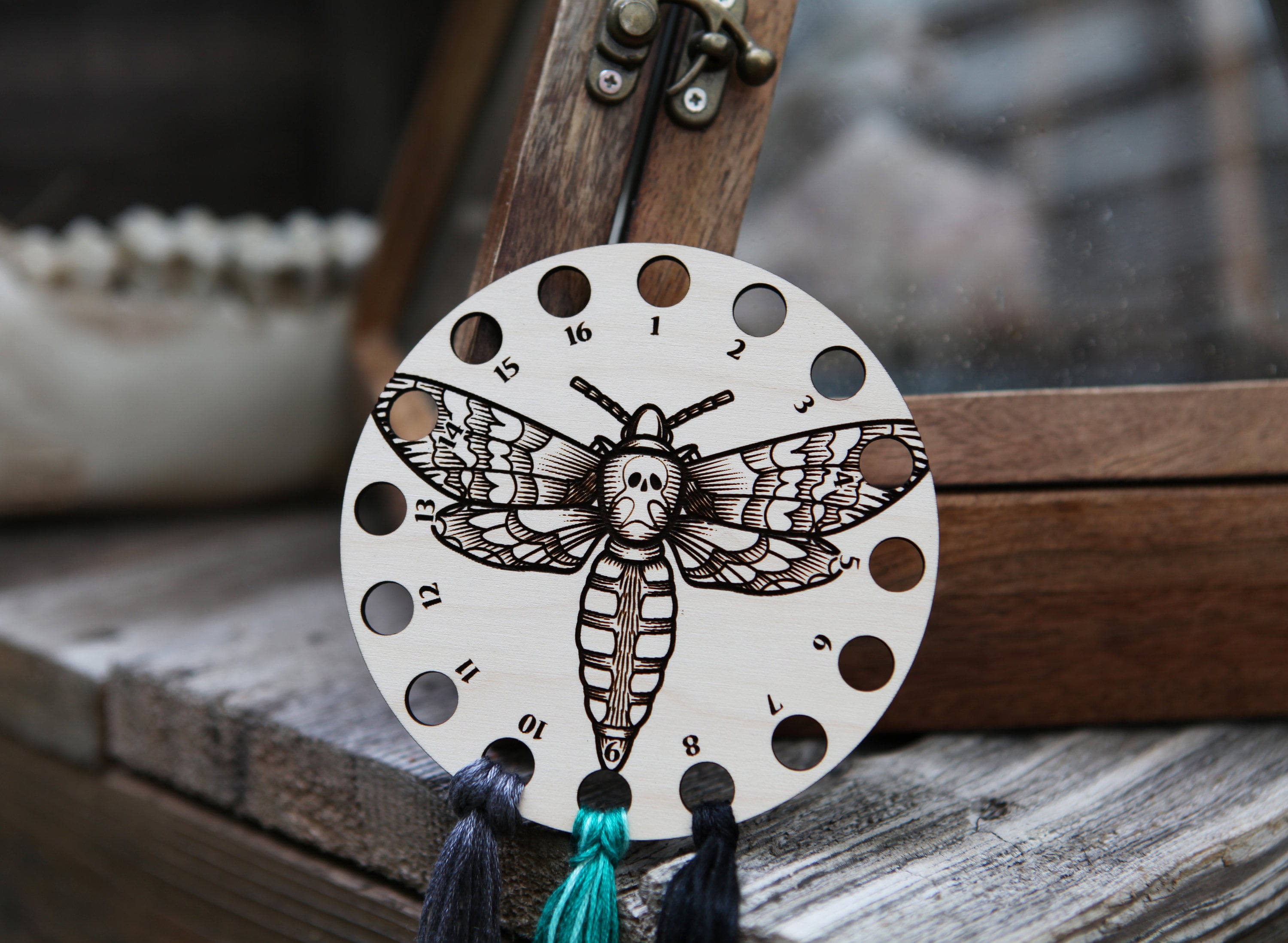 Death's Head Hawk Moth Embroidery Floss Thread Storage Holder - Circle ...