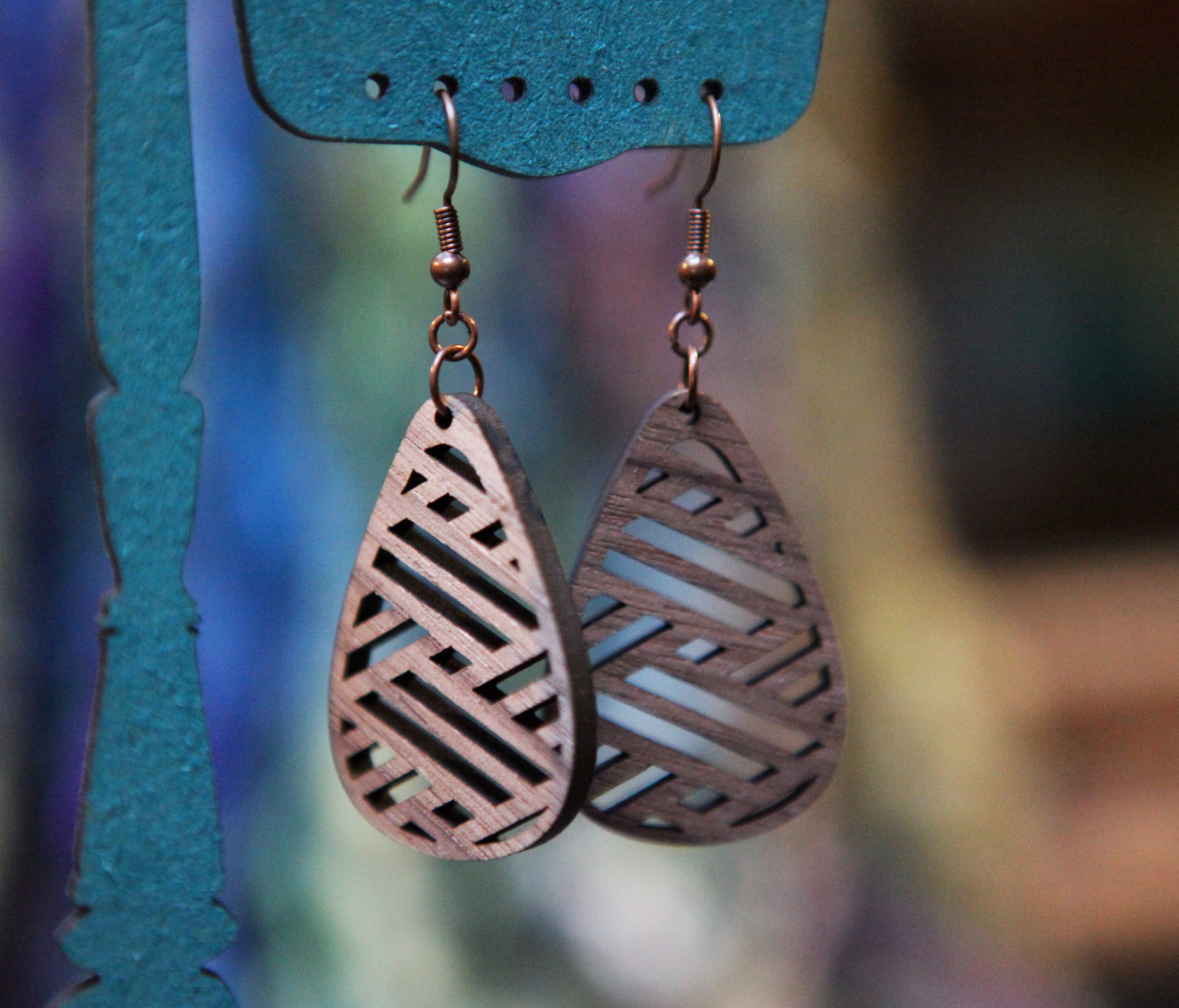Boho Tear Drop Geometic Wood Earrings - Walnut Bohemian Water Drop Zig ...