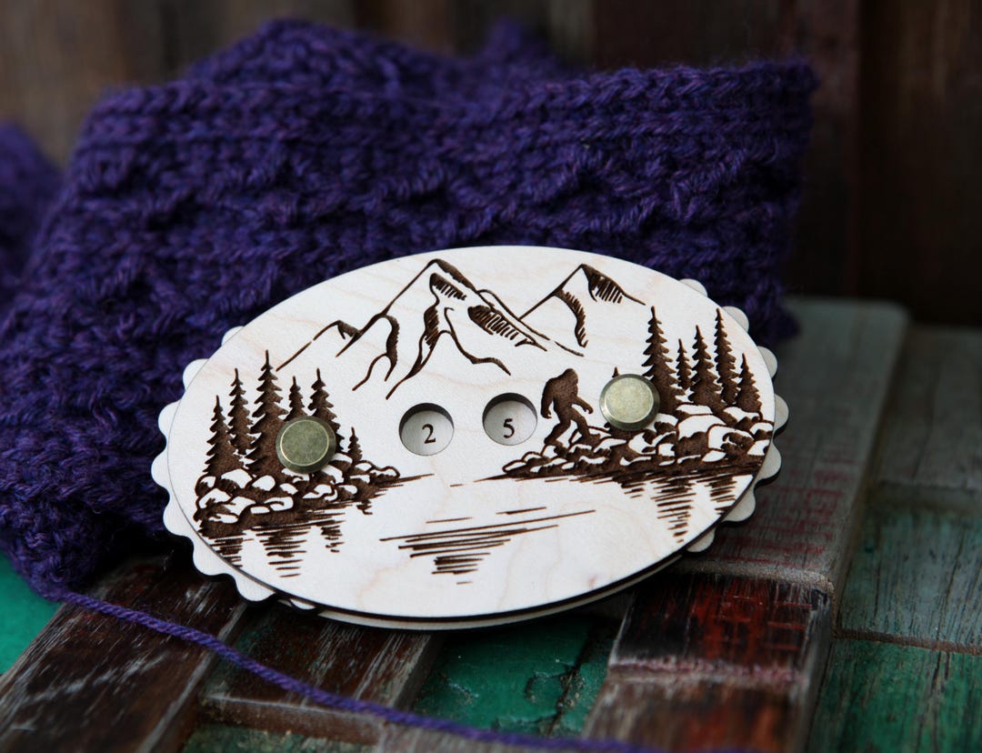 Knitting and Crochet Row Counter. Sasquatch With Mountains and Forest ...