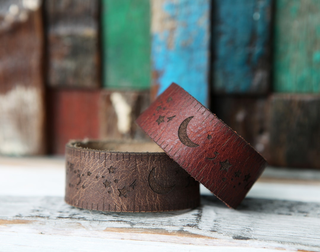 Moon & Stars Leather Ruler Cuff Made From Reclaimed Distressed Leather ...