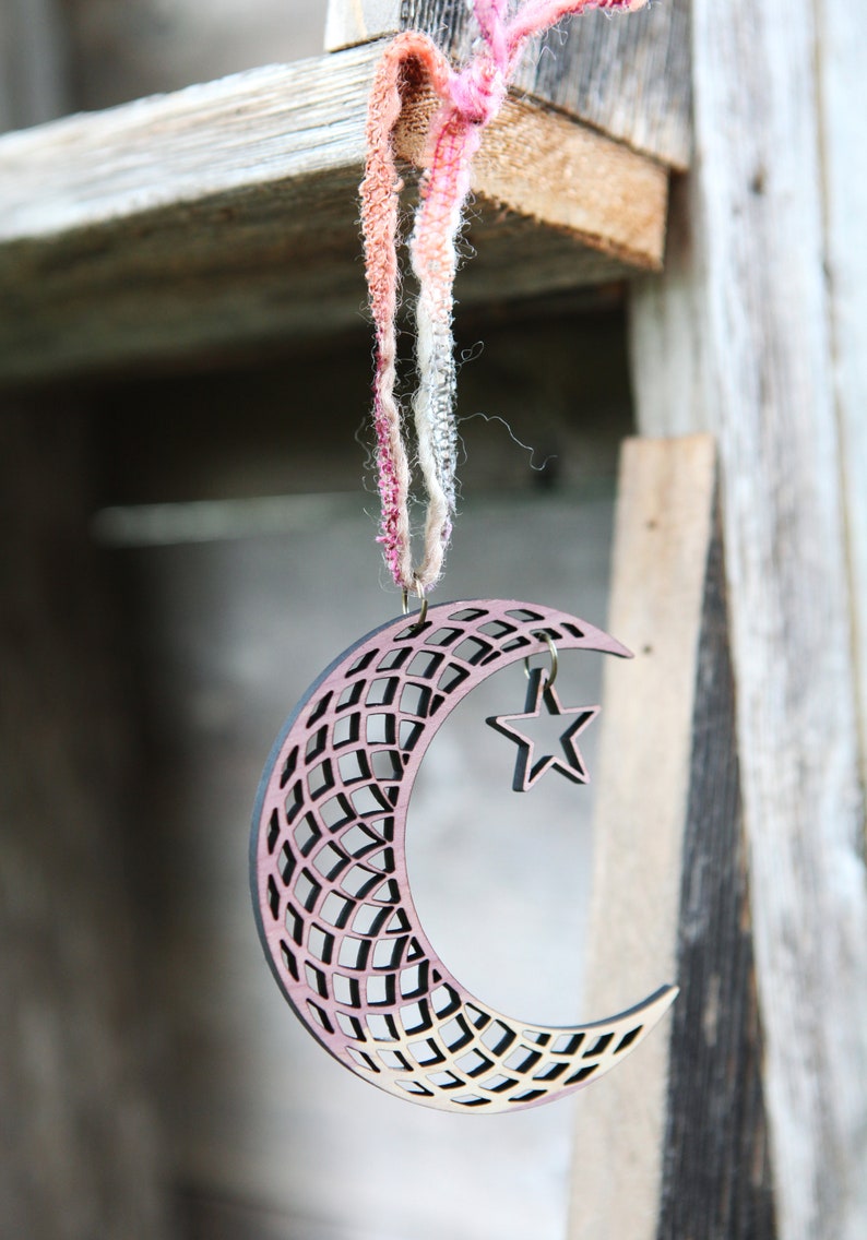 Crescent Moon and Star Bohemian Celestial Cedar Wood Ornament. Great ...