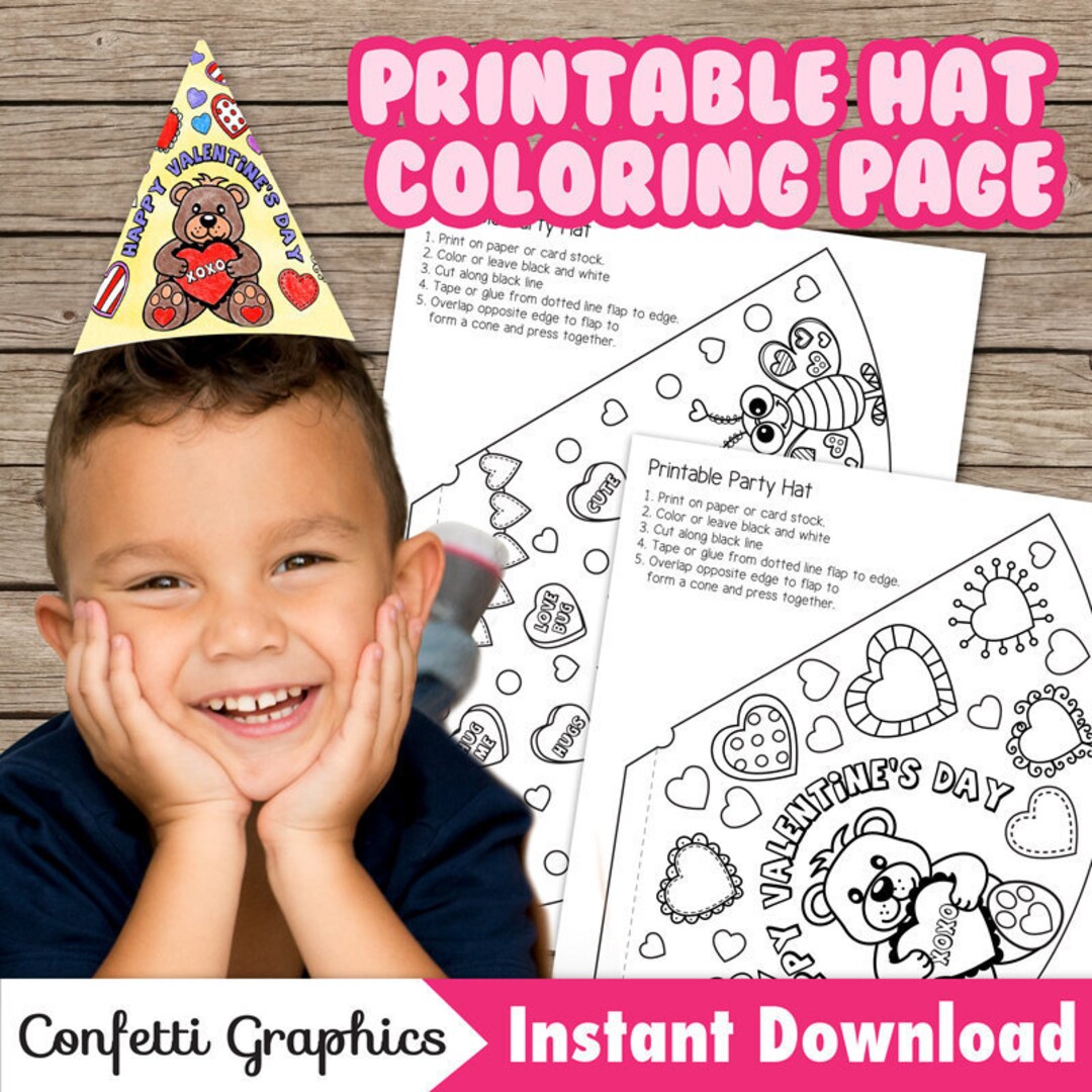 Valentine's Kids Activity Coloring Printable Party Hat, Childs ...