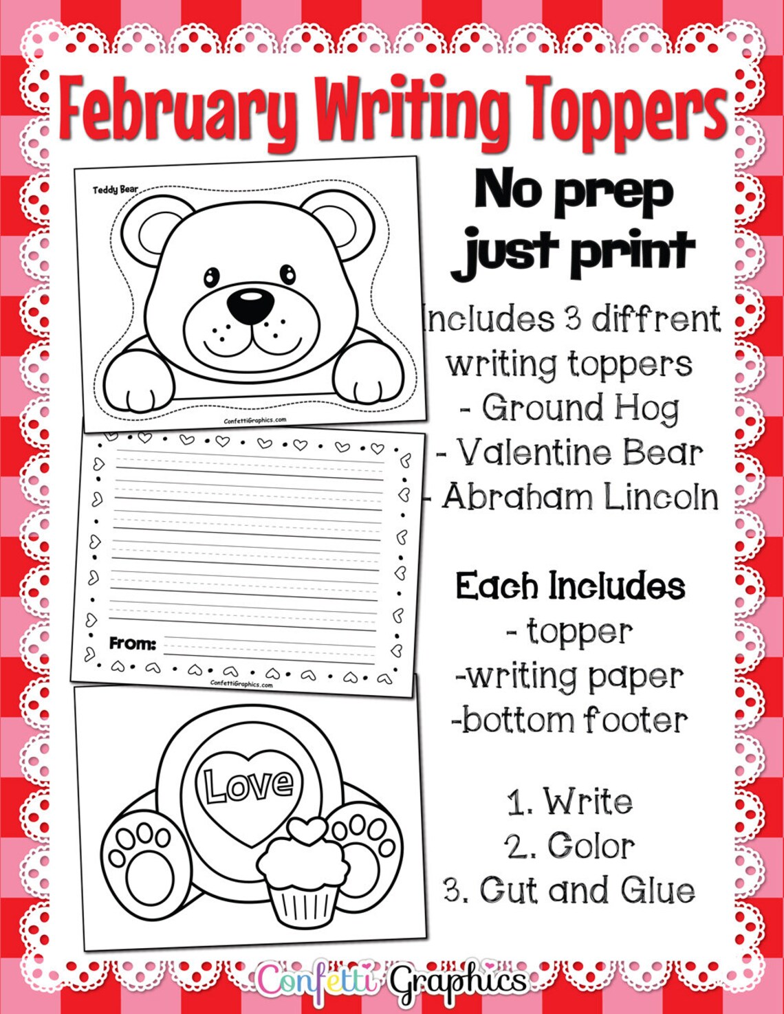 Kids February Writing Activity Craft Valentines Day Coloring | Etsy