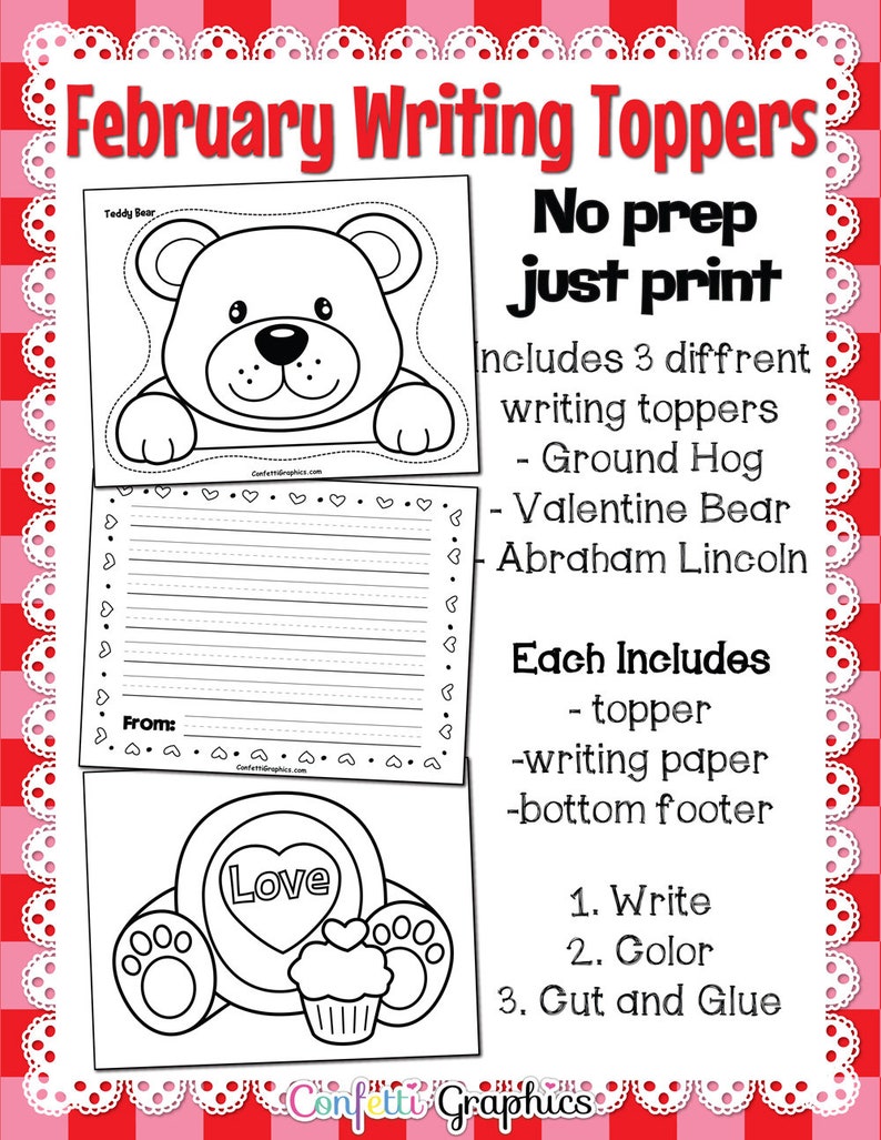 Kids February Writing Activity Craft Valentines Day Coloring | Etsy