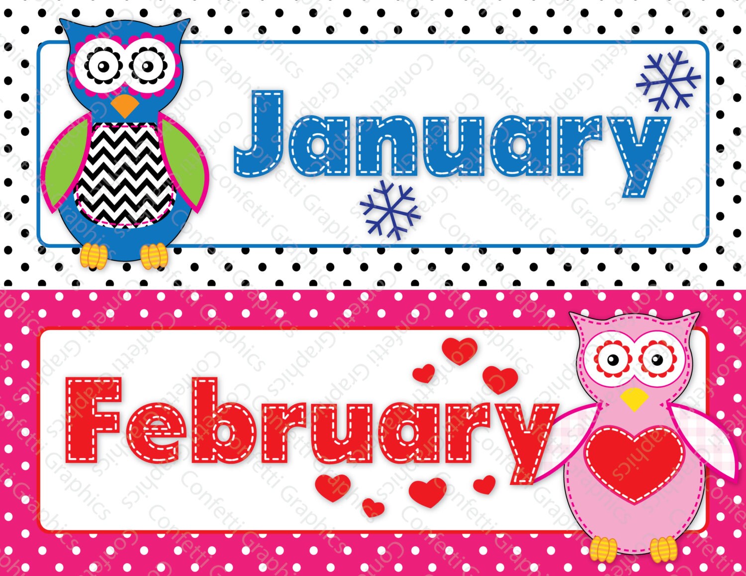 Calendar Months Cards Owl Polka Dot Hobo Stitched Theme Dotted Bright ...