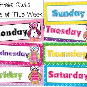 Days of the Week Calendar Cards Owl Polka Dot Hobo Stitched Theme ...