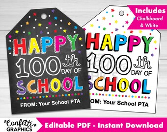 Happy 100th Day of School Gift Tags, School Pto Pta, Printable Party ...