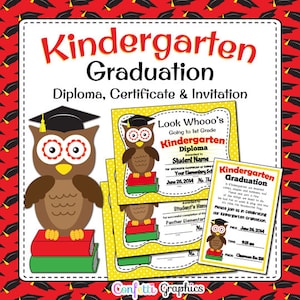 Kindergarten Graduation Diploma, Certificate and Invitation Cute Owl ...