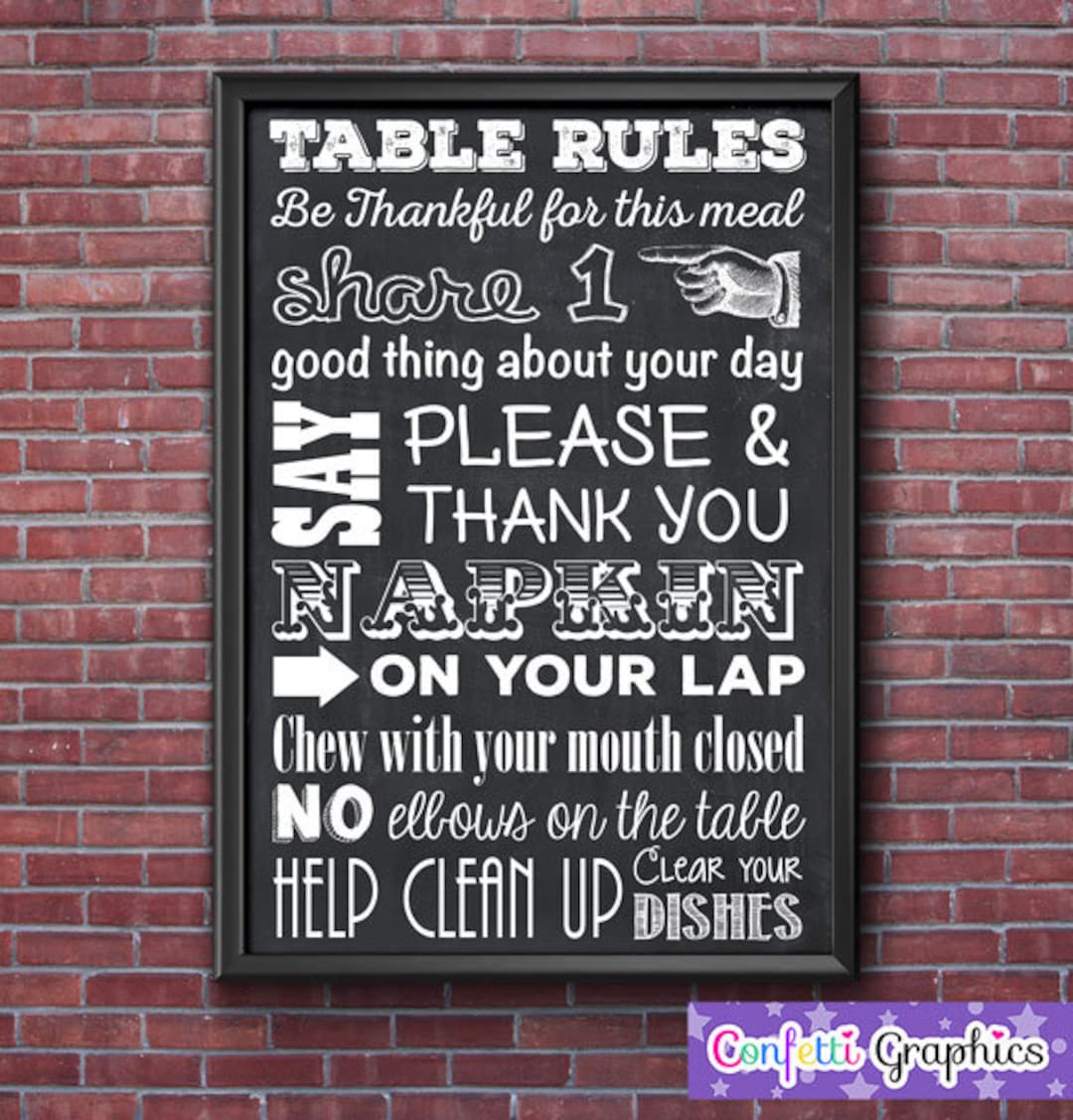 Table Rules Kitchen Dinning Room Wall Art Teacher Sign Poster Lunch ...