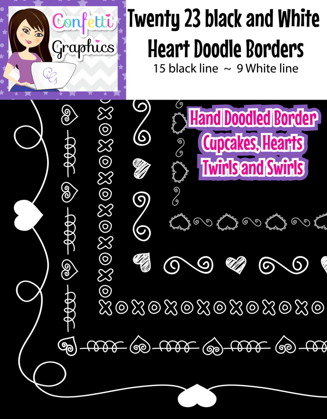 Hand Drawn Doodled Border Set Black & White Hearts Cupcakes Twirls and ...