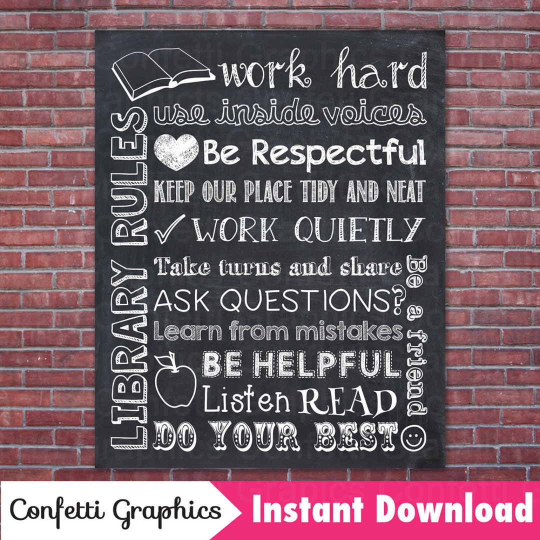 Library Rules Media Center Book Reading Teacher Sign Poster Chalkboard ...