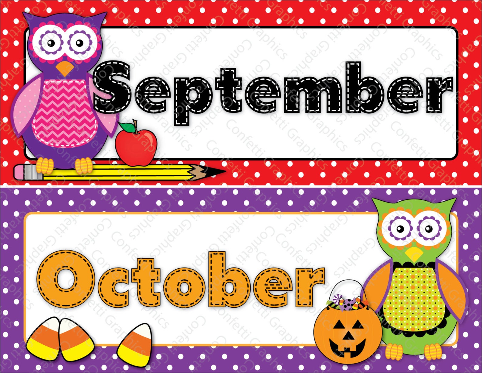 Calendar Months Cards Owl Polka Dot Hobo Stitched Theme Dotted Bright ...