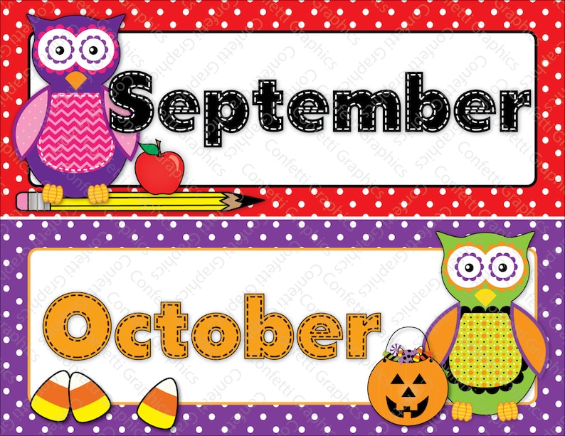 Calendar Months Cards Owl Polka Dot Hobo Stitched Theme Dotted - Etsy